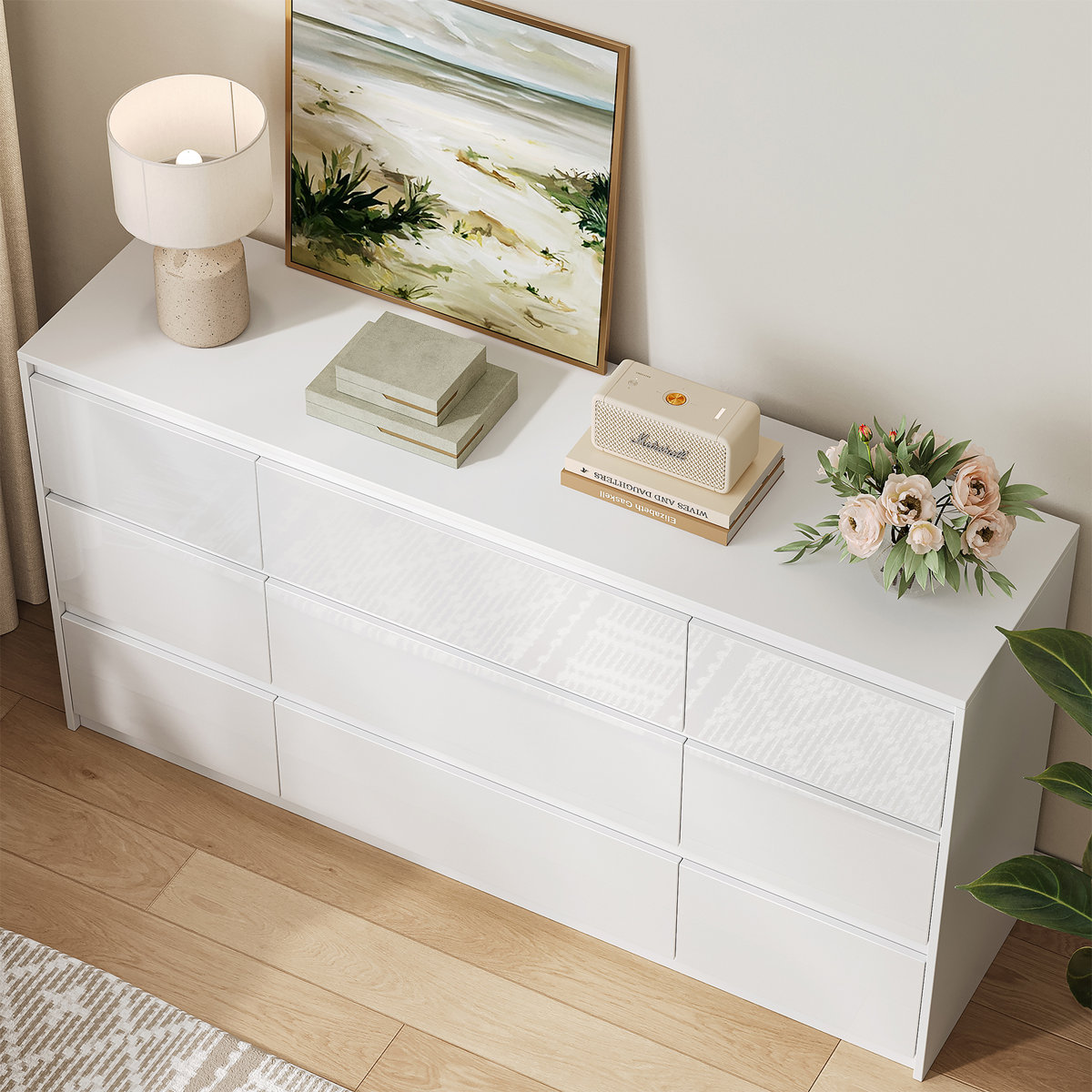 Ebern Designs 60'' White 9-Drawer Dresser, Modern High Gloss Dresser for Bedroom, Living Room ...